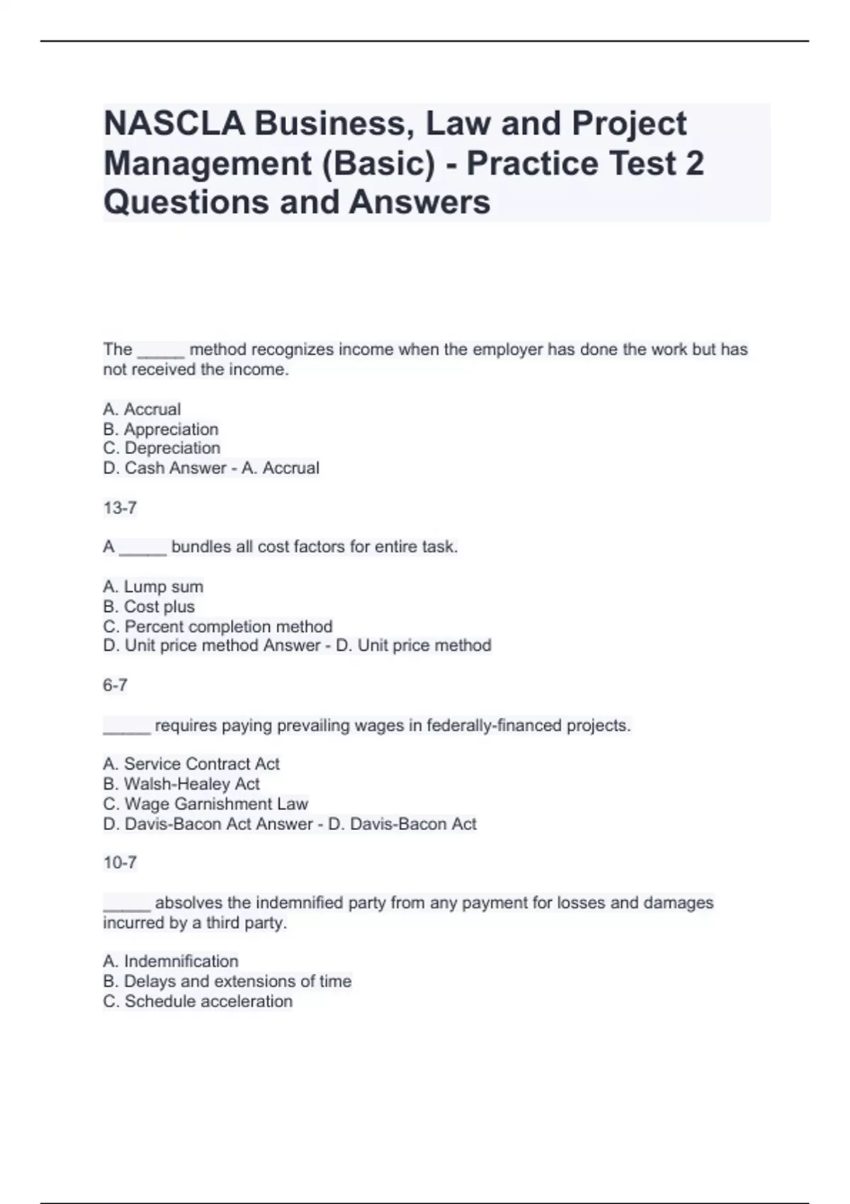 NASCLA Business, Law and Project Management (Basic) - Practice Test 2 ...