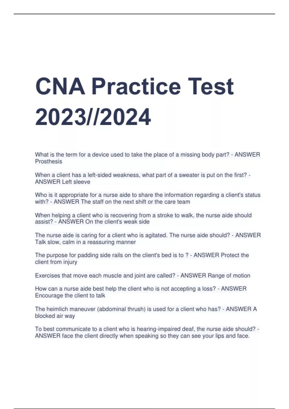 CNA Practice Test 2023//2024 - CNA - Stuvia US