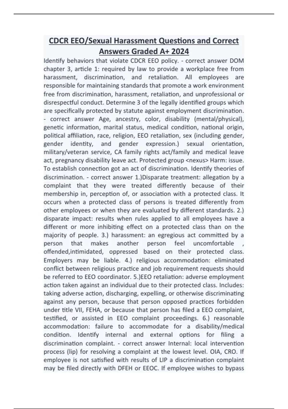 CDCR EEO/Sexual Harassment Questions and Correct Answers Graded A+ 2024 ...