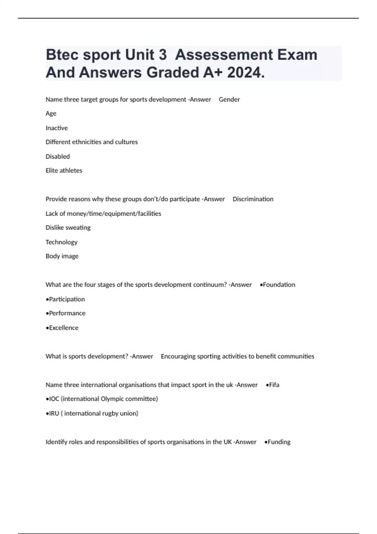 Btec sport Unit 3 Assessement Exam And Answers Graded A+ 2024. - BTEC ...