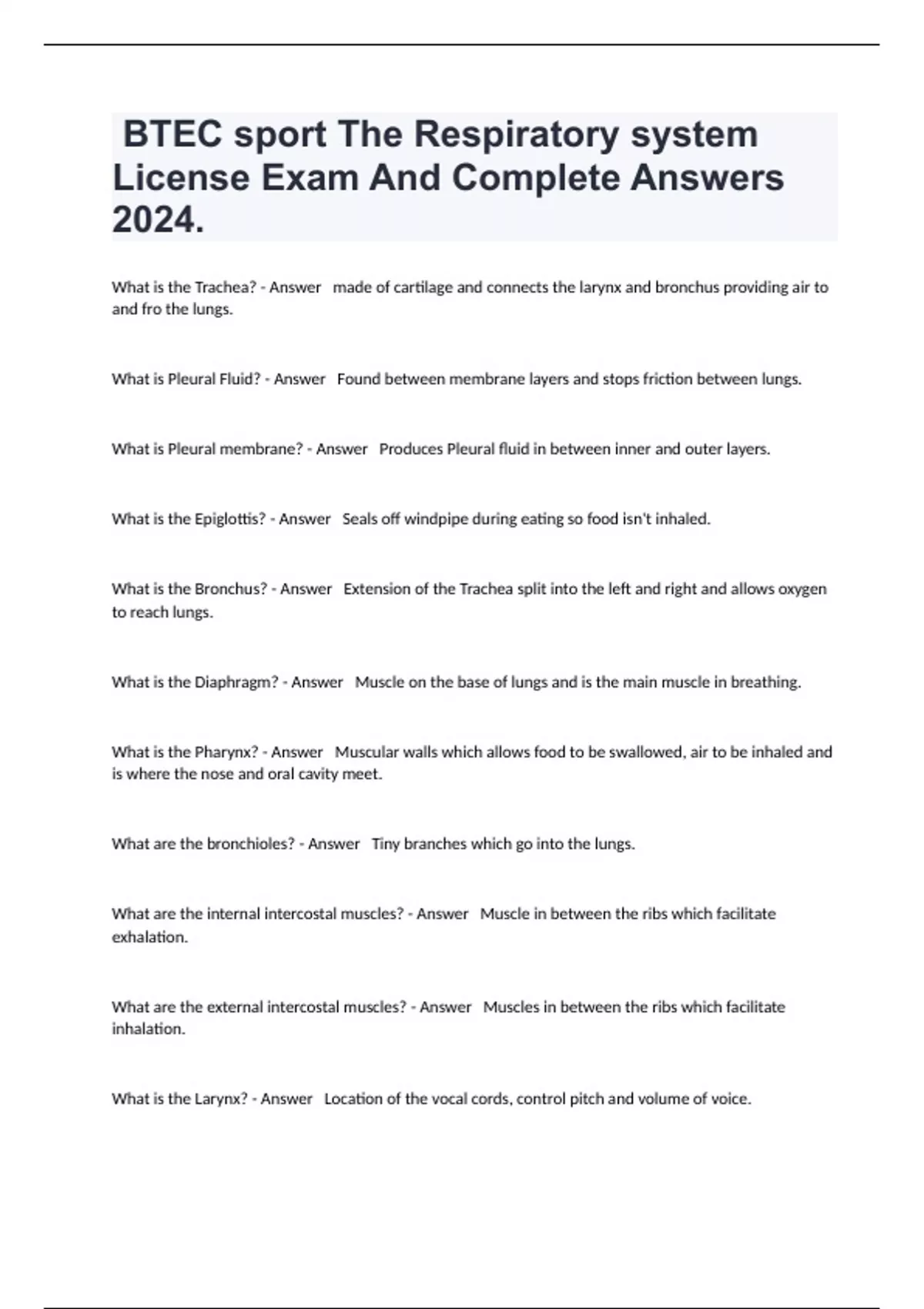 BTEC sport The Respiratory system License Exam And Complete Answers ...