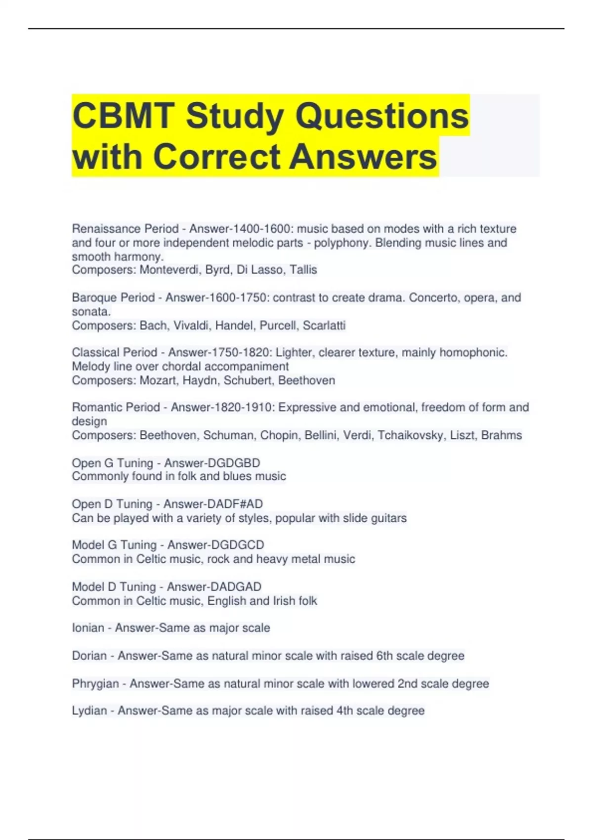 CBMT Study Questions with Correct Answers - CBMT - Stuvia US