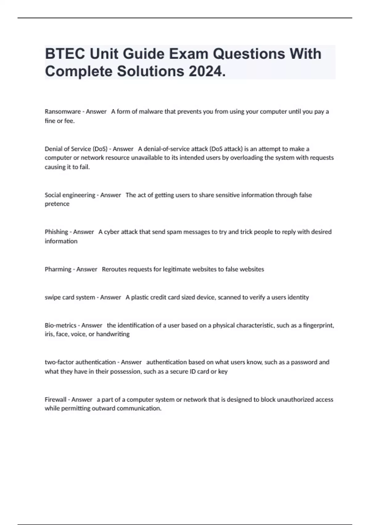 BTEC Unit Guide Exam Questions With Complete Solutions 2024. - BTEC IT - Stuvia US