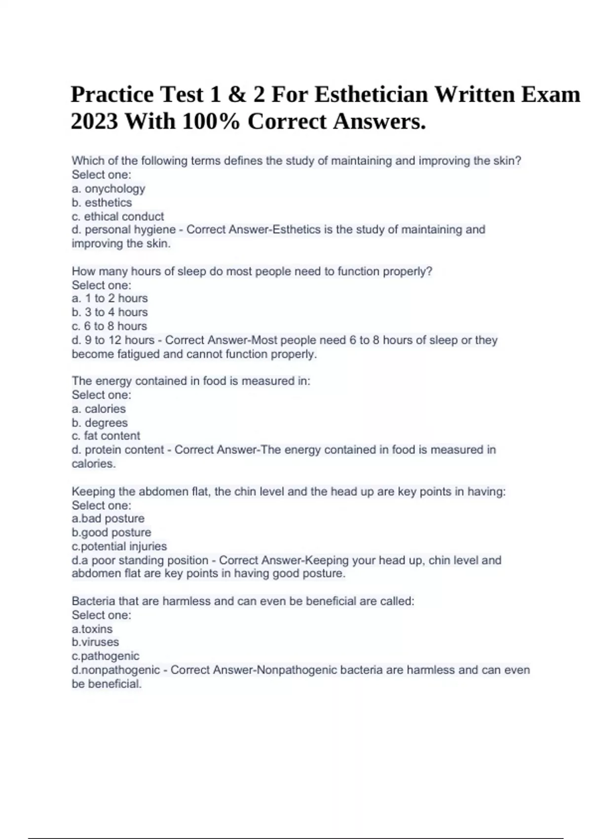 Practice Test 1 & 2 For Esthetician Written Exam 2023 With 100% Correct ...