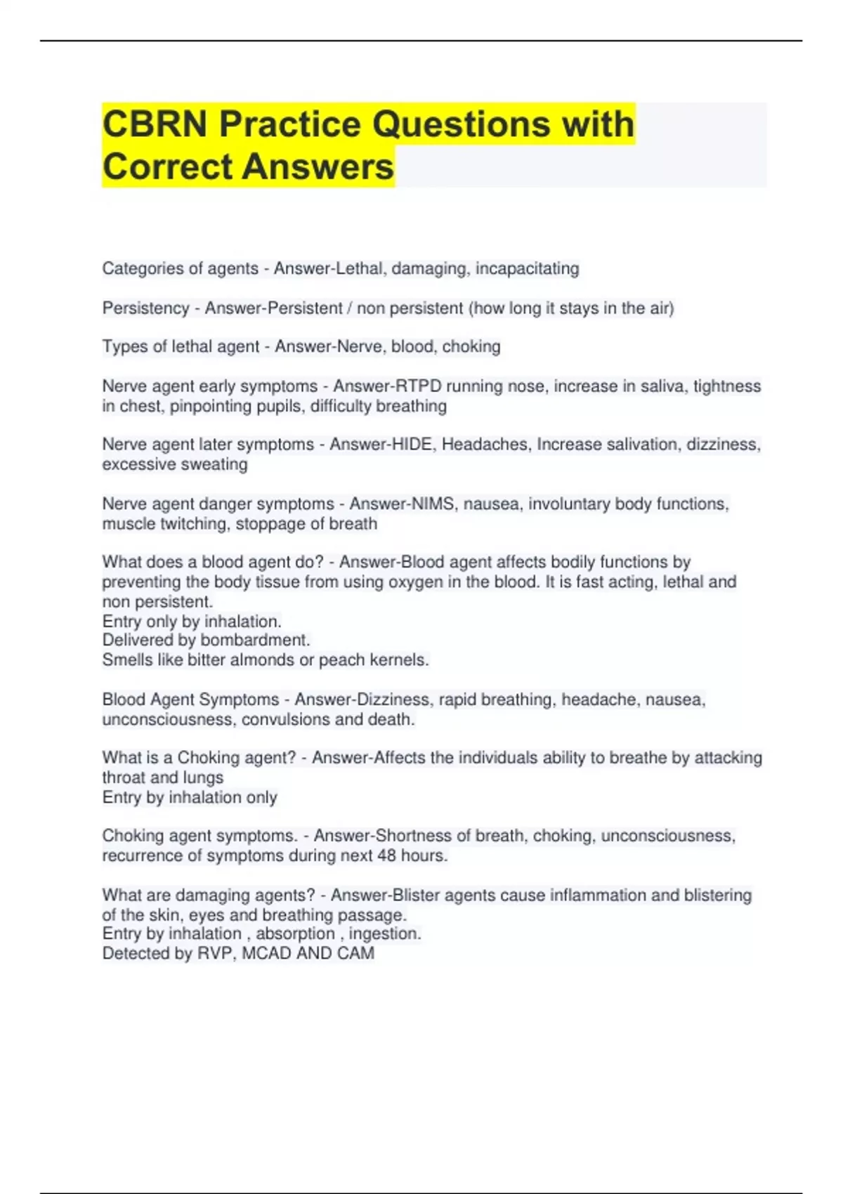 CBRN Practice Questions with Correct Answers - CBRN - Stuvia US