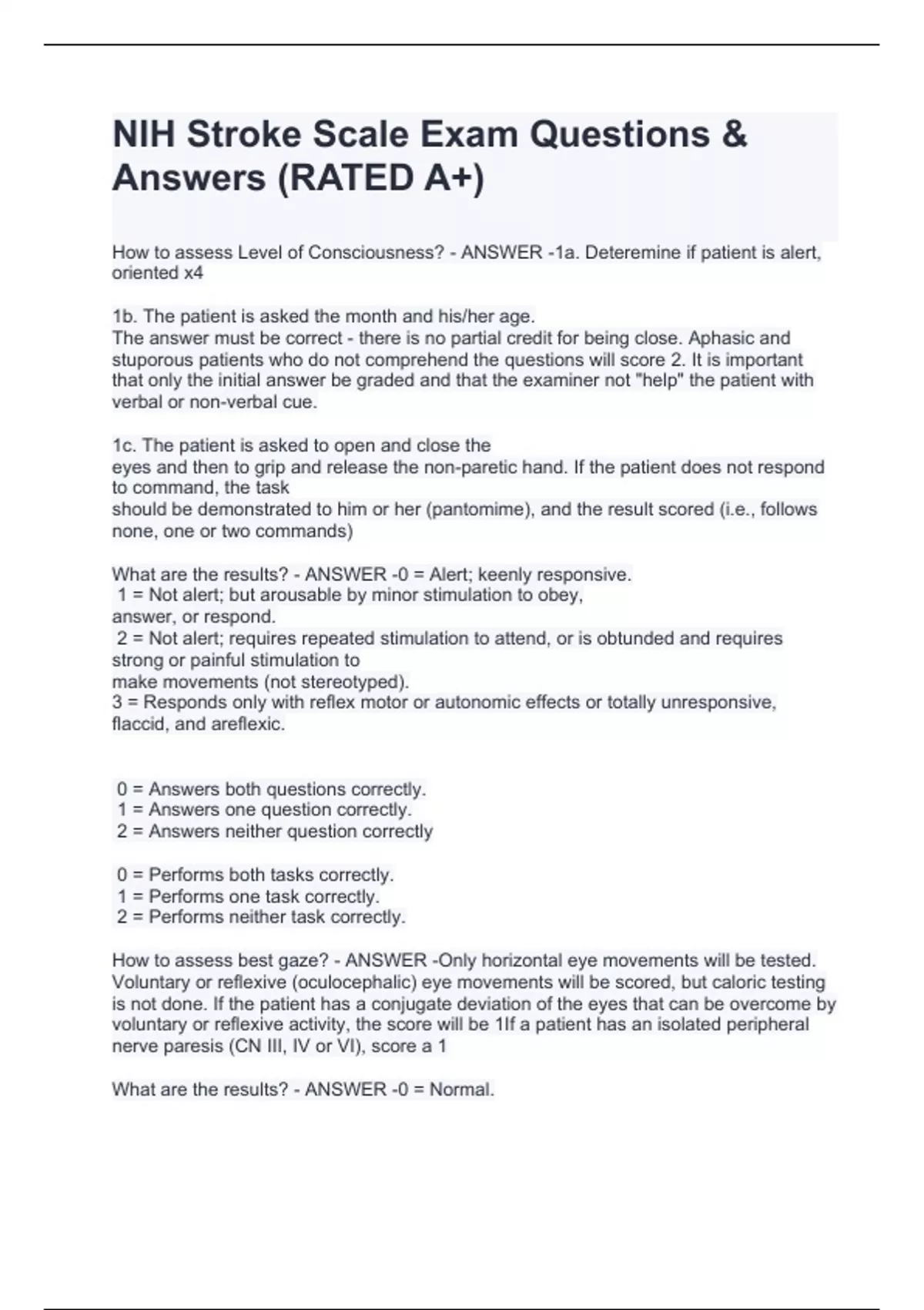 NIH Stroke Scale Exam Questions & Answers (RATED A+) - NIH Stroke Scale ...