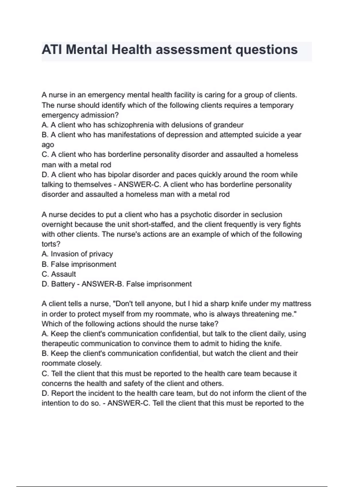 ATI Mental Health assessment questions with correct answers - ATI ...