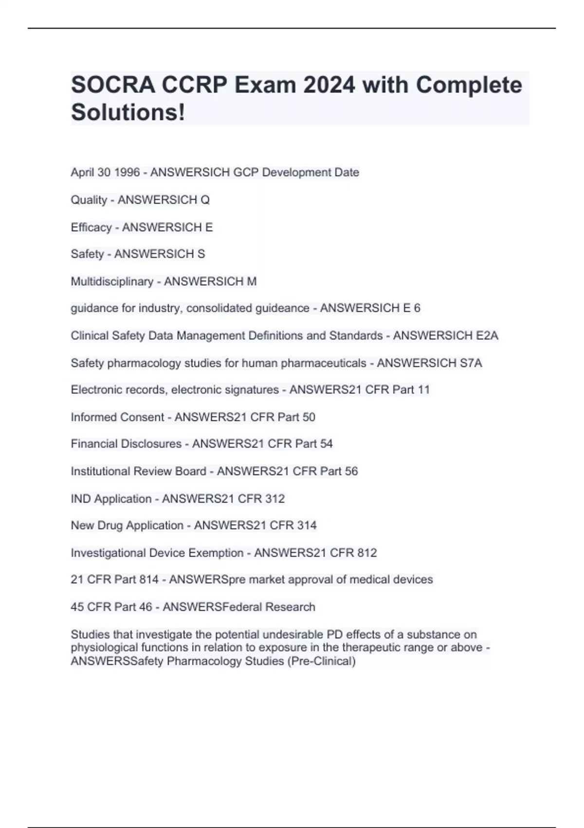 SOCRA CCRP Exam 2024 with Complete Solutions! - SOCRA CCRP - Stuvia US