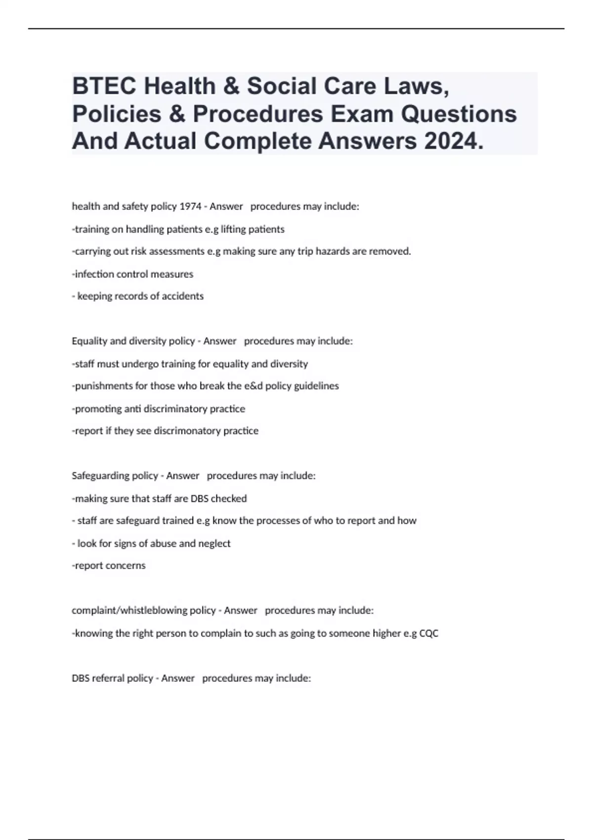 BTEC Health & Social Care Laws, Policies & Procedures Exam Questions ...