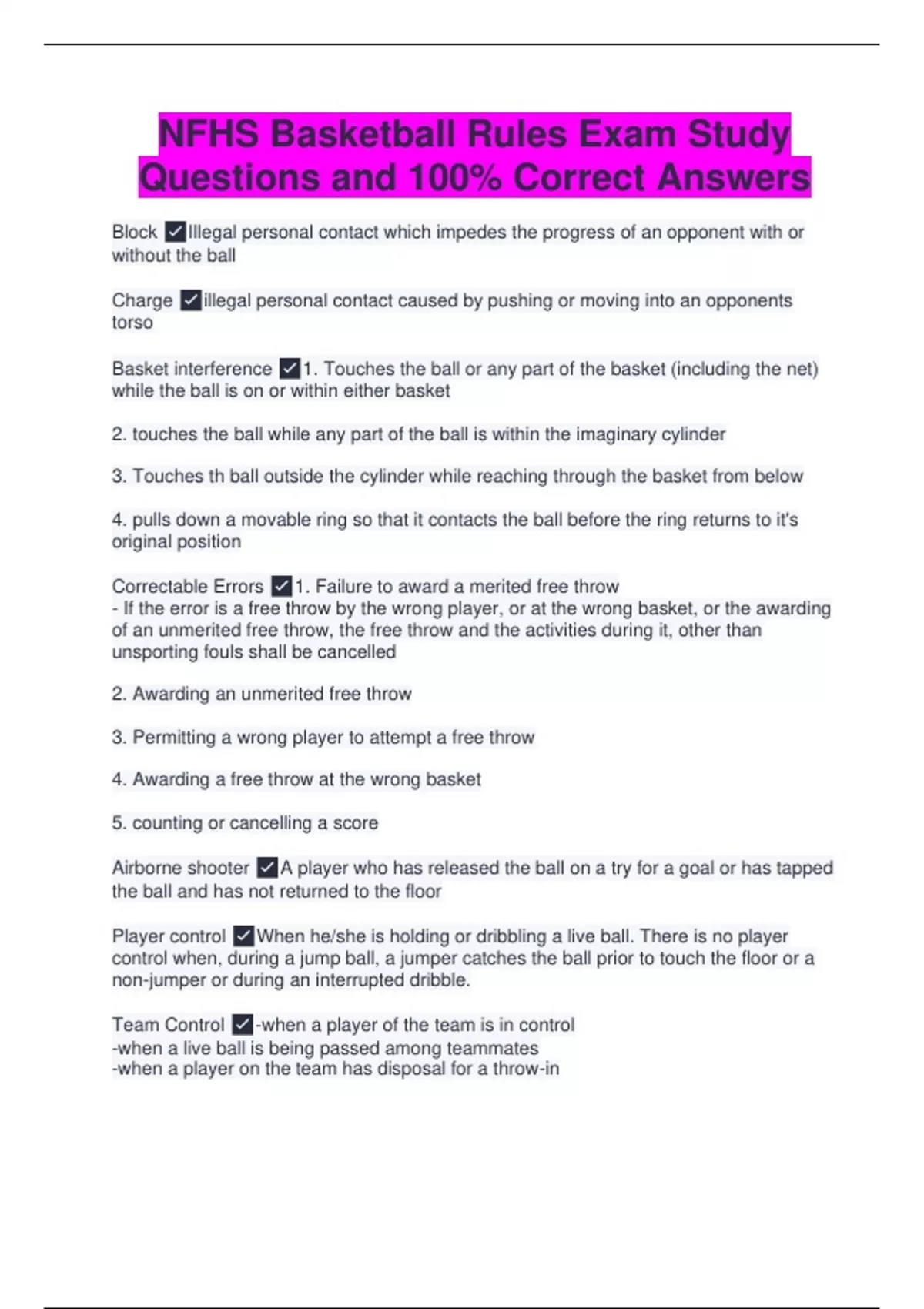 NFHS Basketball Rules Exam Study Questions and 100% Correct Answers ...