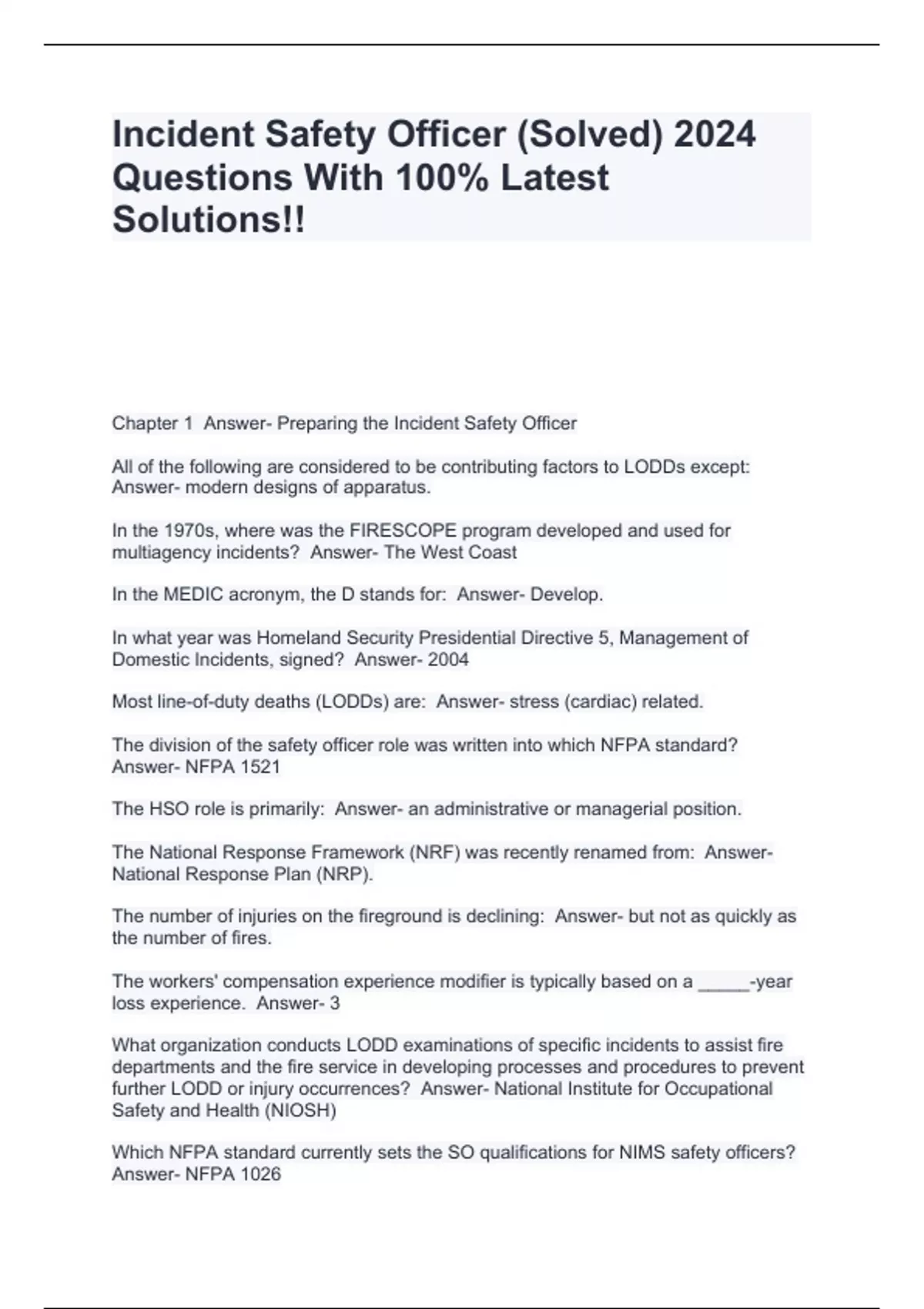 Incident Safety Officer (Solved) 2024 Questions With 100% Latest ...