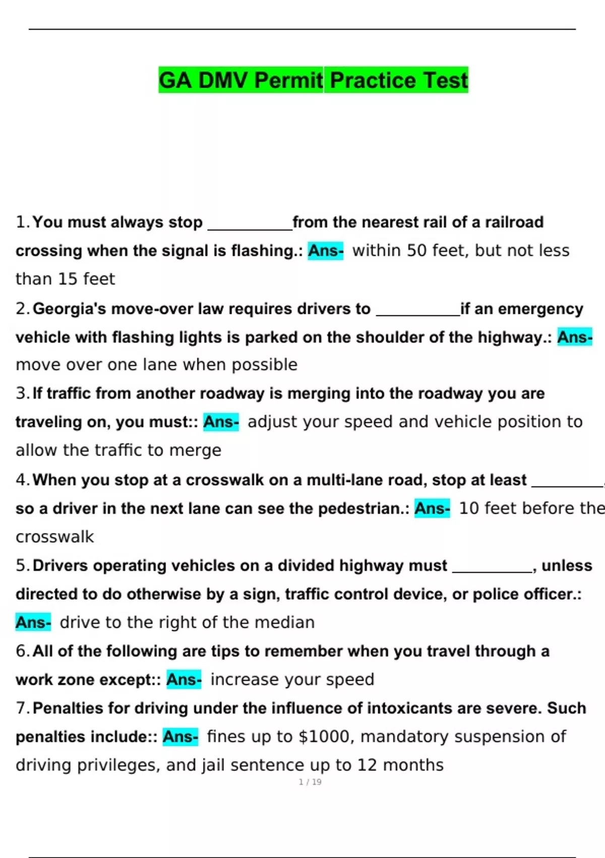GA DMV Permit Practice Test 2024 Graded A;Solved Questions and Answers ...