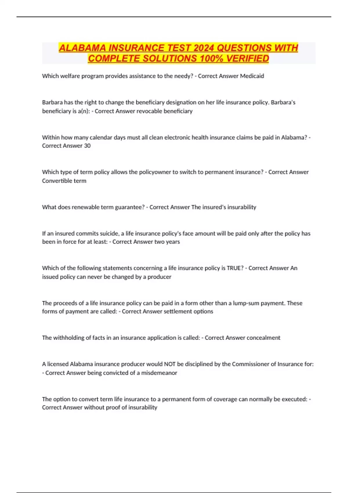 ALABAMA INSURANCE TEST 2024 QUESTIONS WITH COMPLETE SOLUTIONS 100% ...