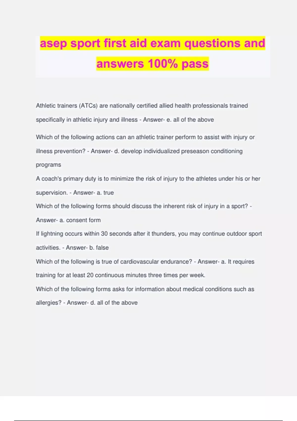 asep sport first aid exam questions and answers 100% pass - Asep sport first aid - Stuvia US