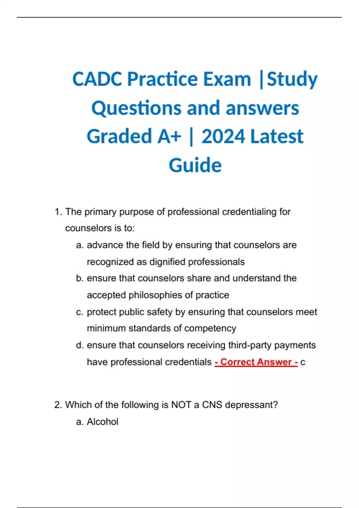 CADC Practice Exam |Study Questions and answers Graded A+ | 2024 Latest ...