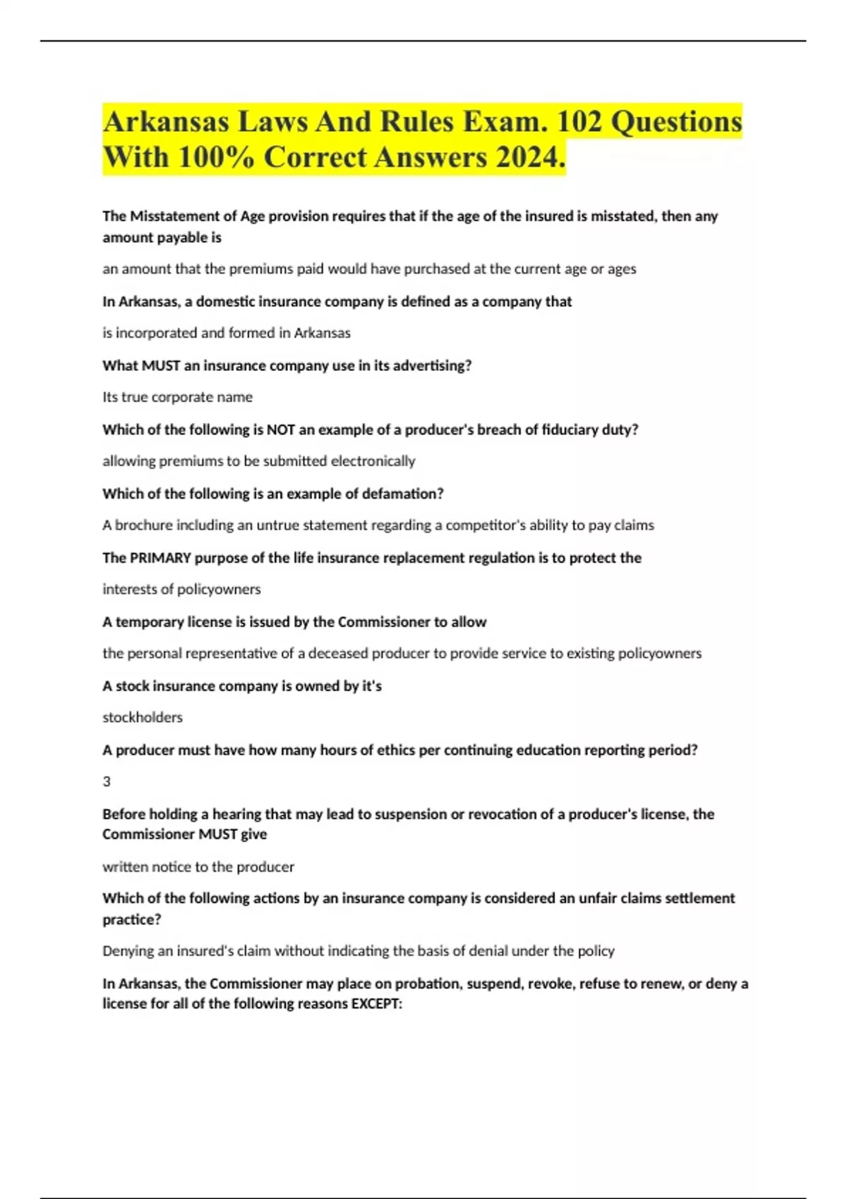 Arkansas Laws And Rules Exam. 102 Questions With 100% Correct Answers ...