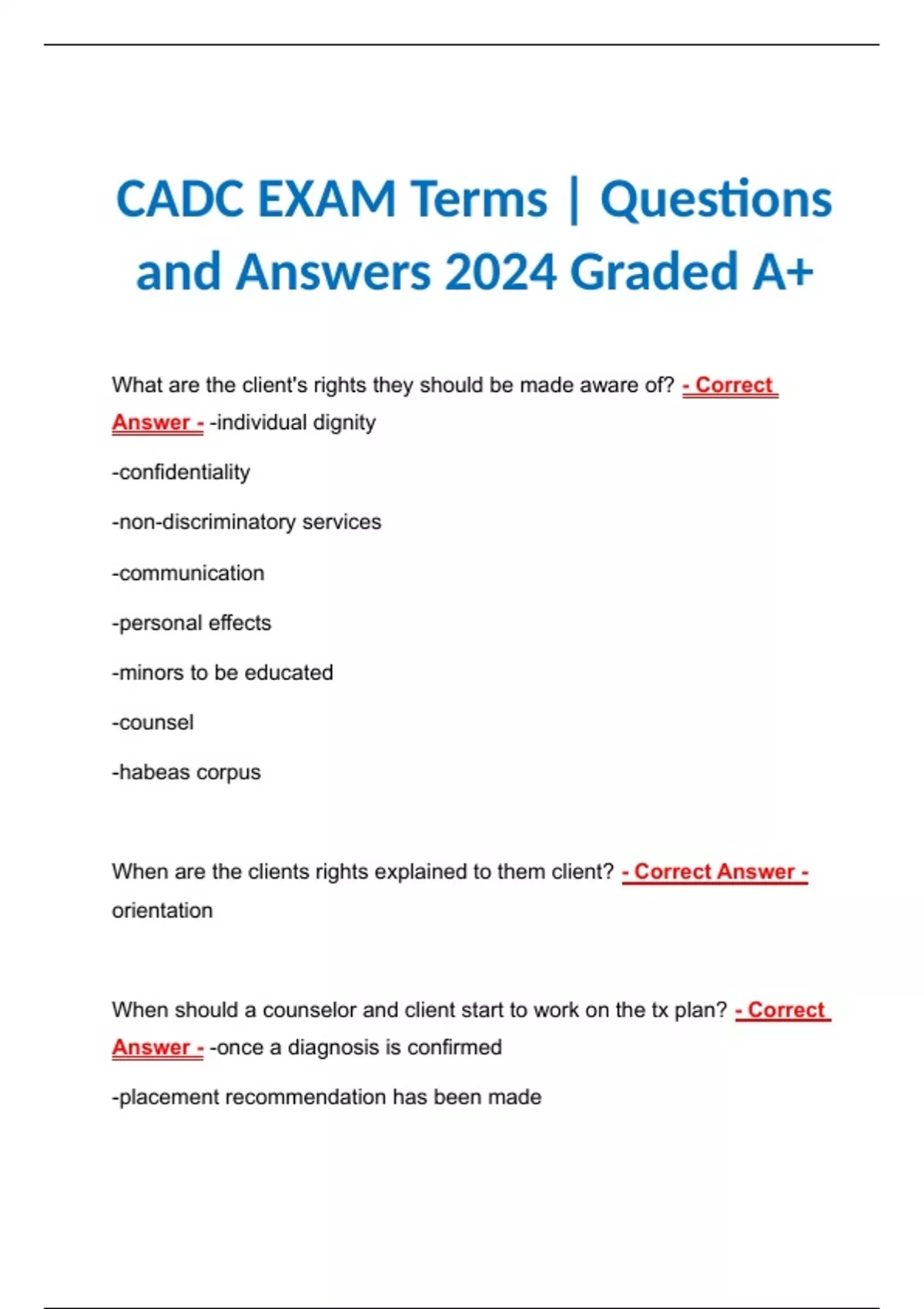 CADC EXAM Terms | Questions and Answers 2024 Graded A+ - CADC Illinois ...
