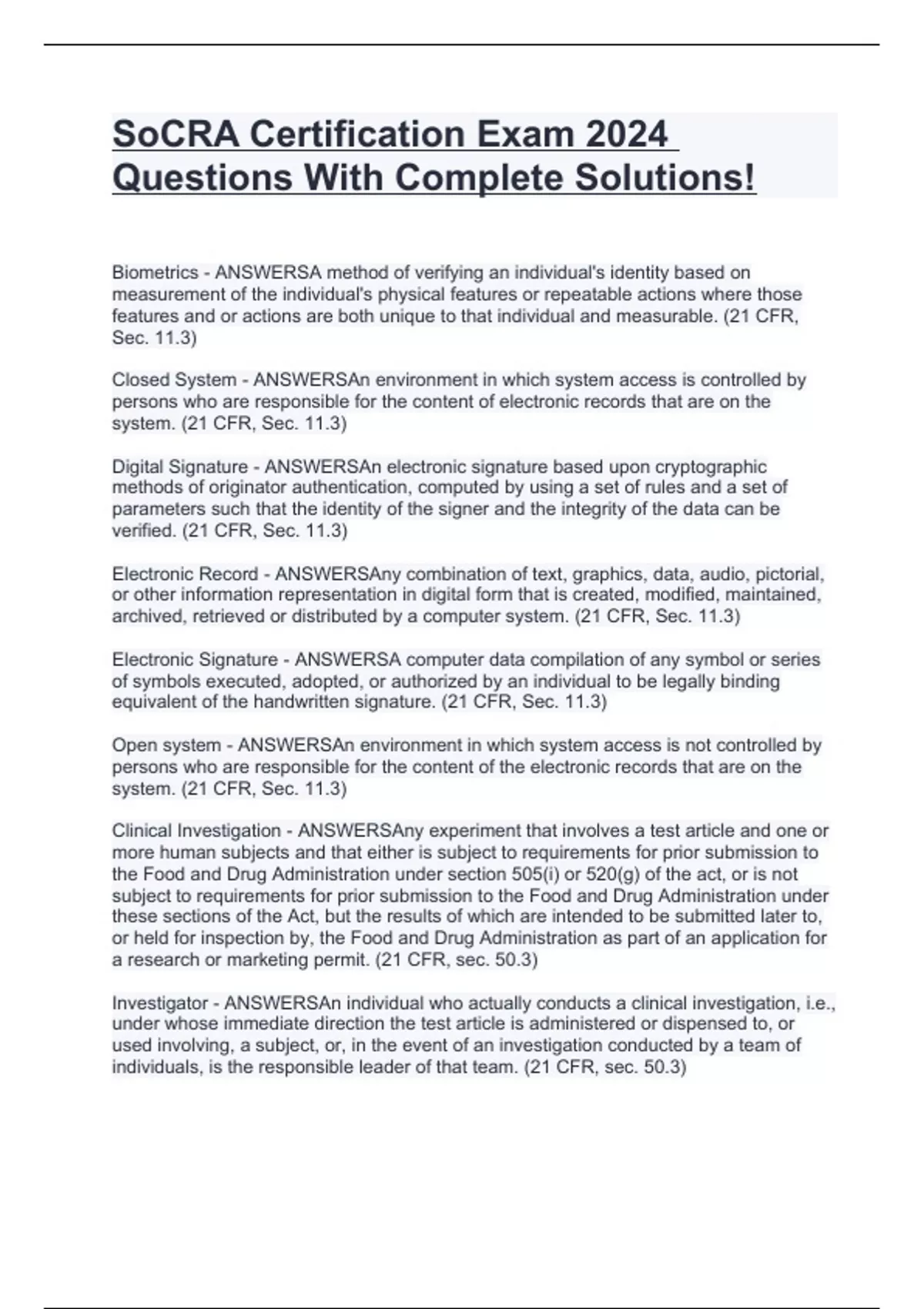 SoCRA Certification Exam 2024 Questions With Complete Solutions ...