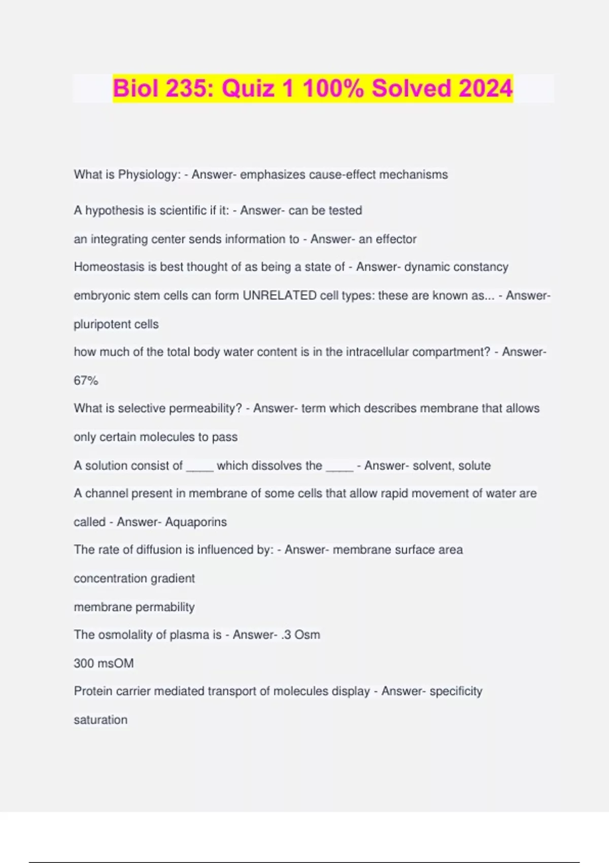 Biol 235: Quiz 1 100% Solved 2024 - Bio 235 - Stuvia US