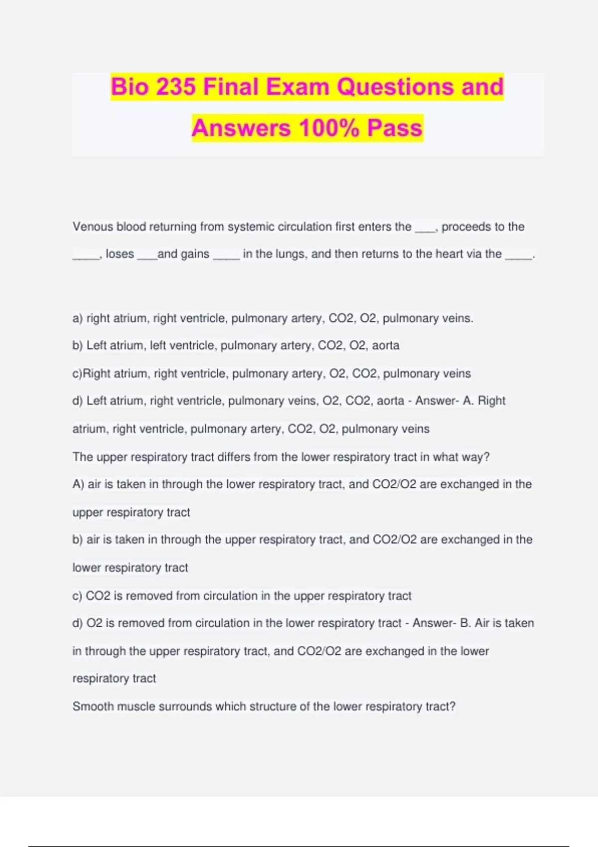 Bio 235 Final Exam Questions and Answers 100% Pass - Bio 235 - Stuvia US