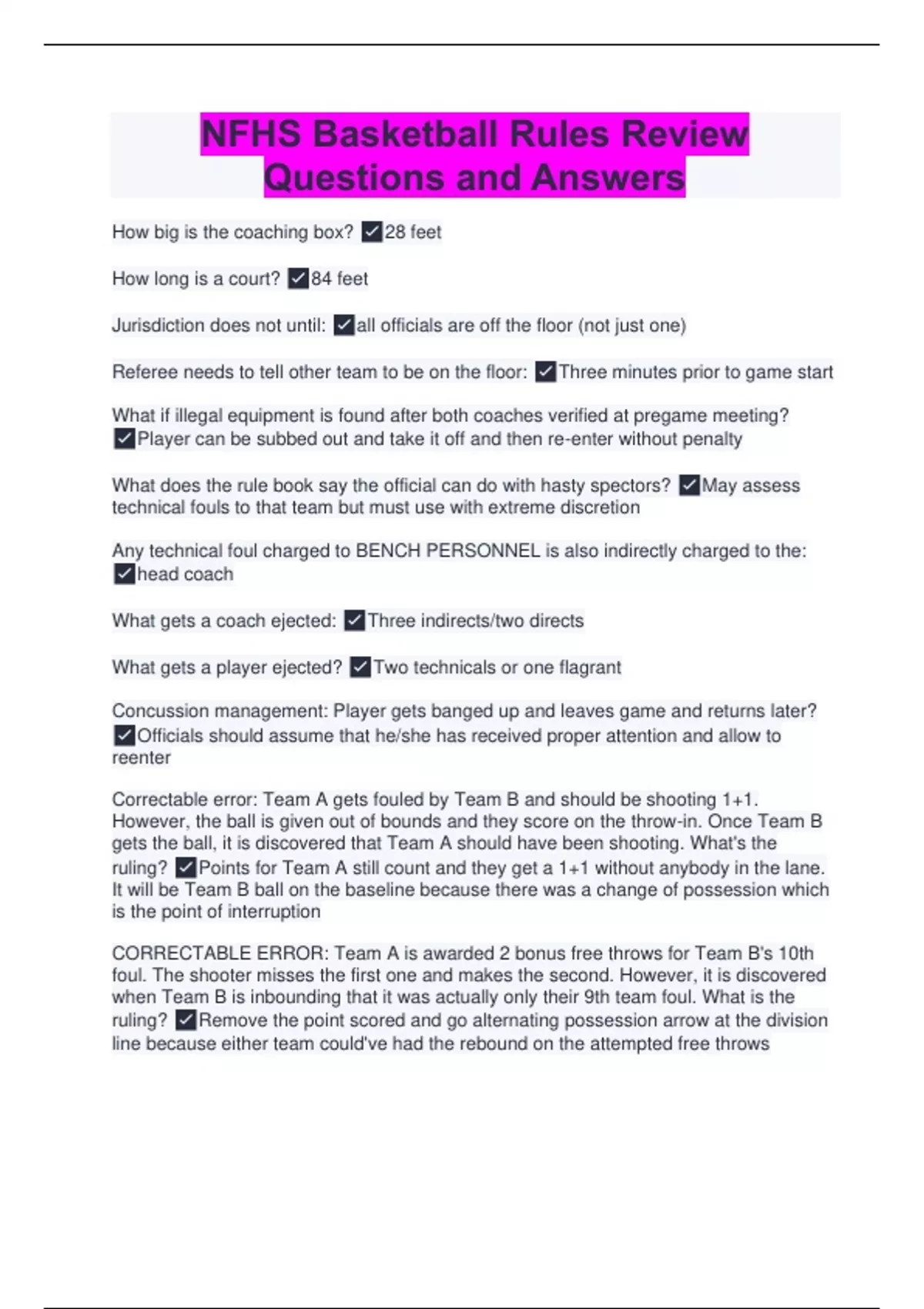 NFHS Basketball Rules Review Questions and Answers - NFHS Basketball Rules - Stuvia US