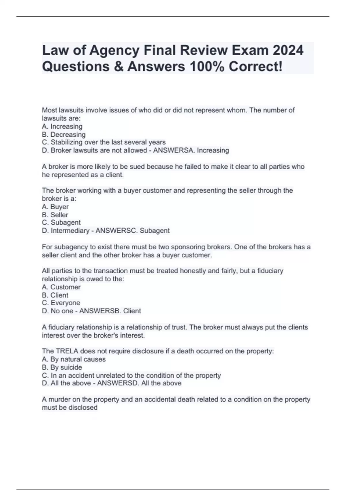 Law of Agency Final Review Exam 2024 Questions & Answers 100% Correct ...