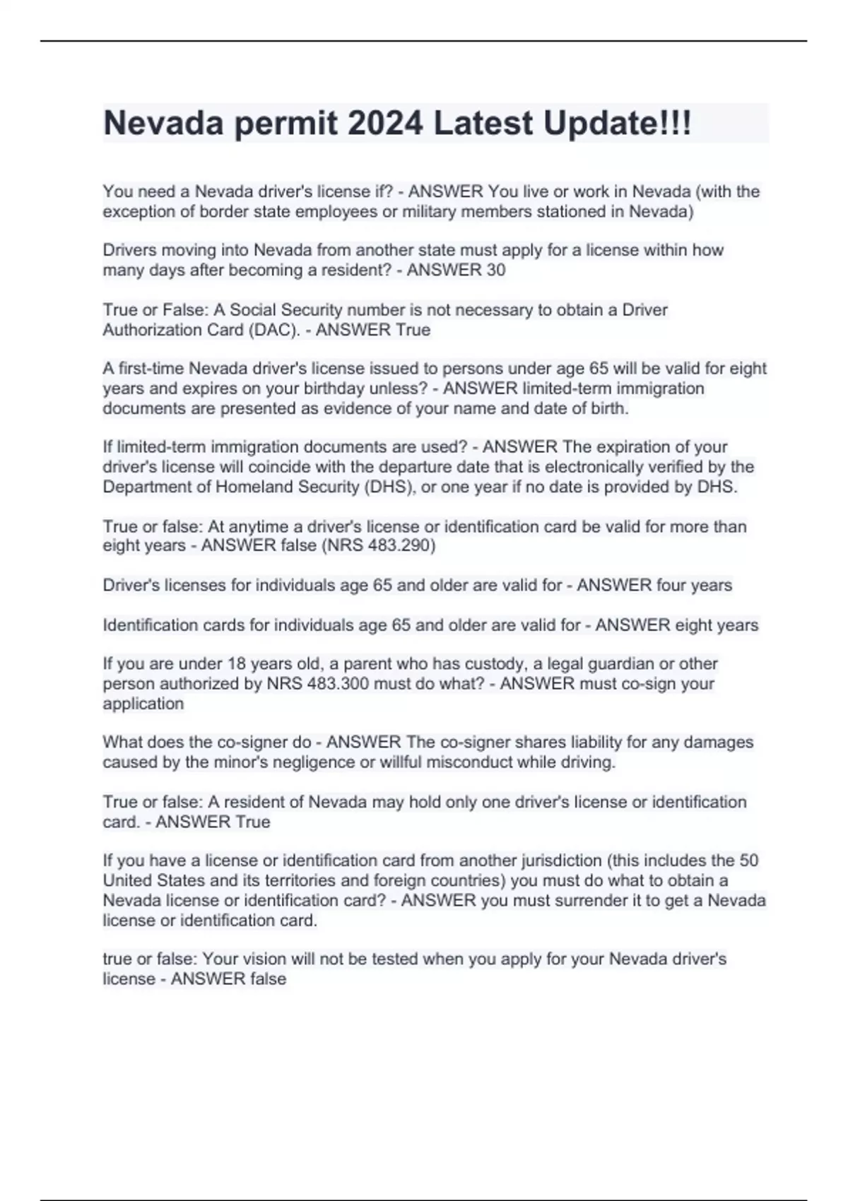 Nevada permit 2024 Latest Update!!! - Nevada DMV - Stuvia US