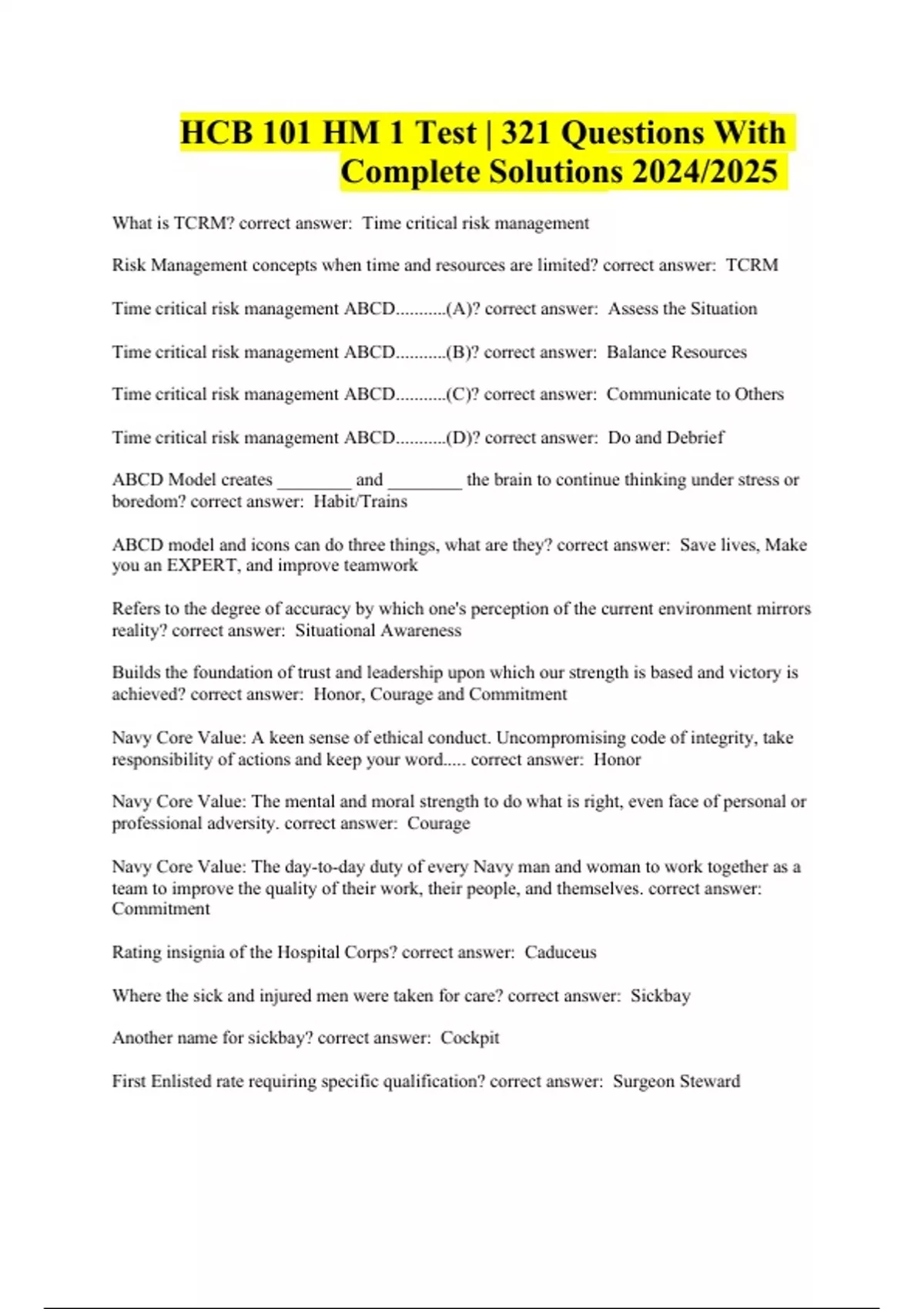 HCB 101 HM 1 Test Questions With Answers Latest Updated 2024/2025 | 100 ...