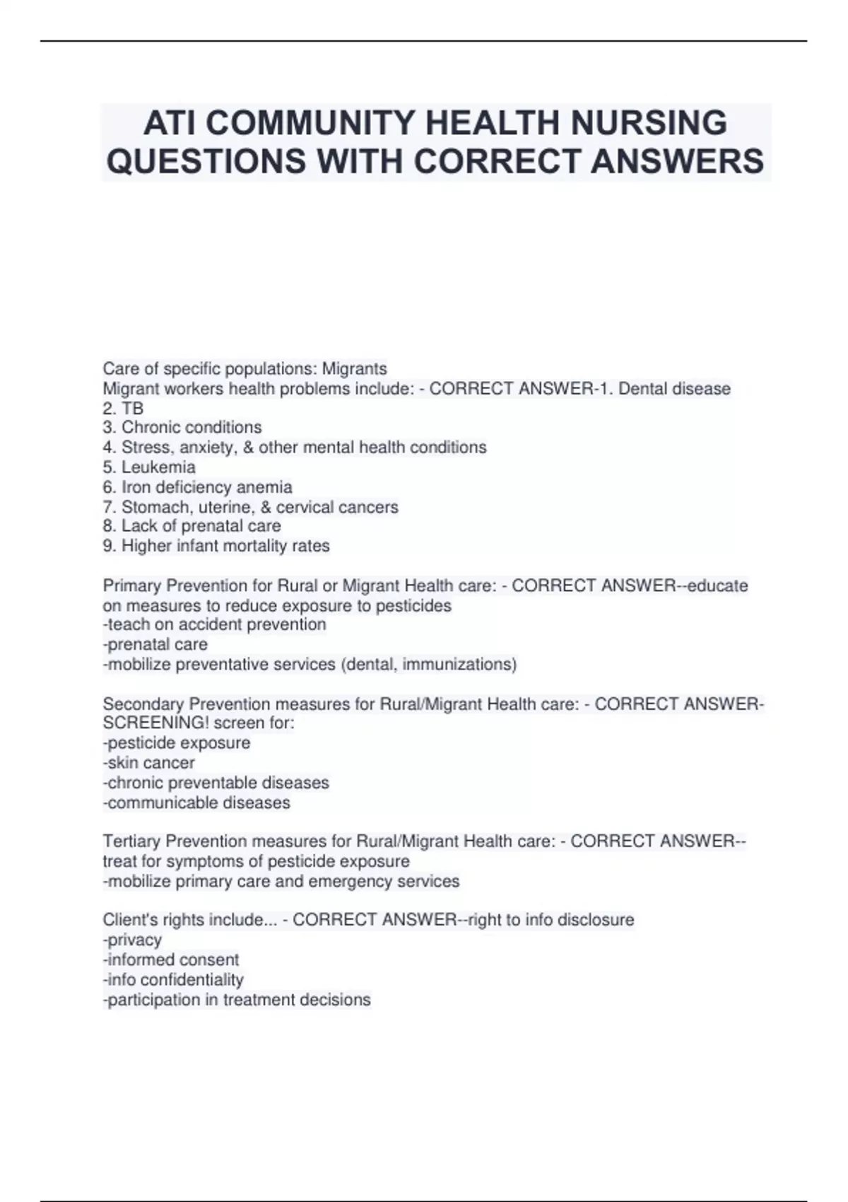 ATI COMMUNITY HEALTH NURSING QUESTIONS WITH CORRECT ANSWERS - Community ...