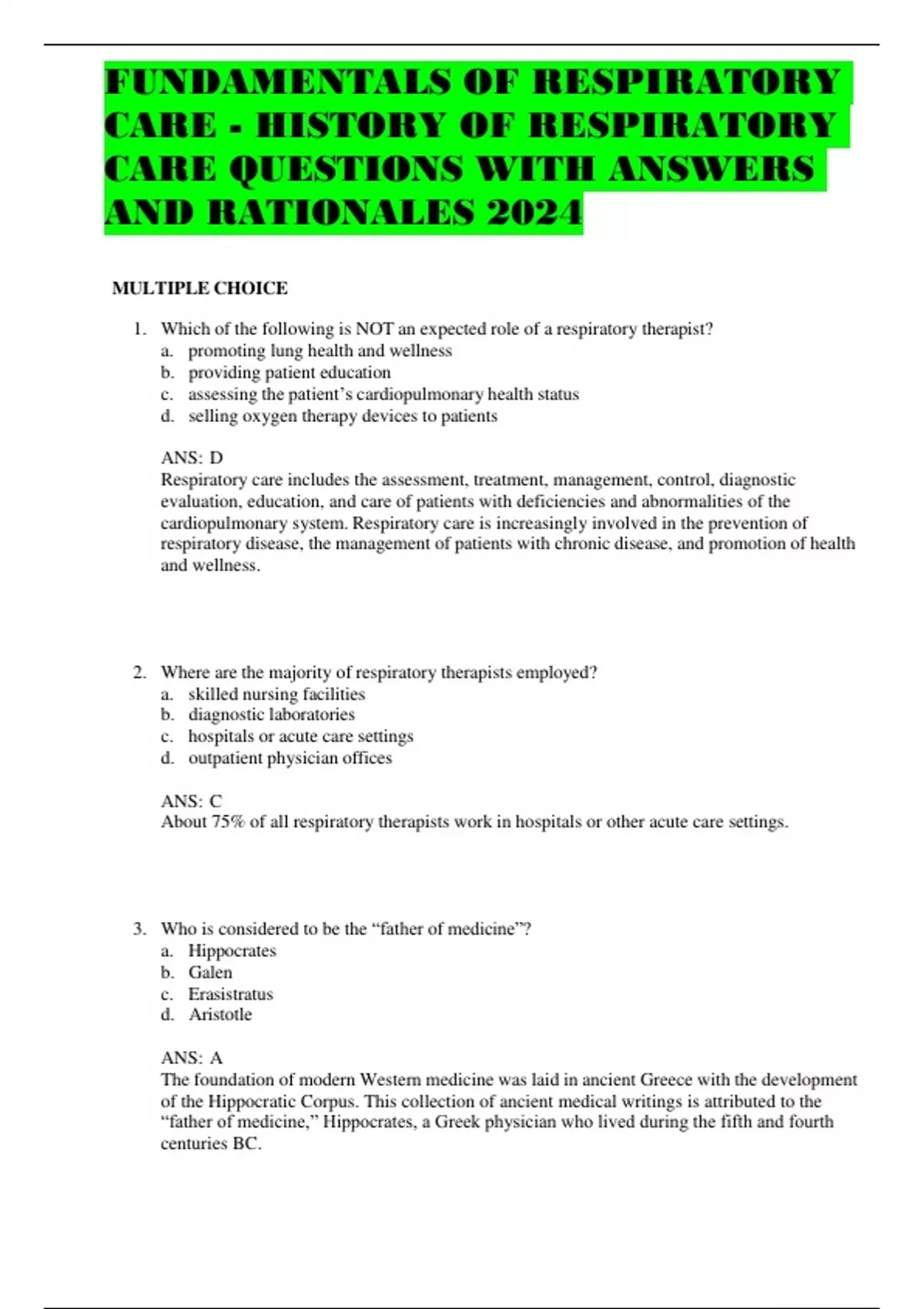 FUNDAMENTALS OF RESPIRATORY CARE - HISTORY OF RESPIRATORY CARE ...