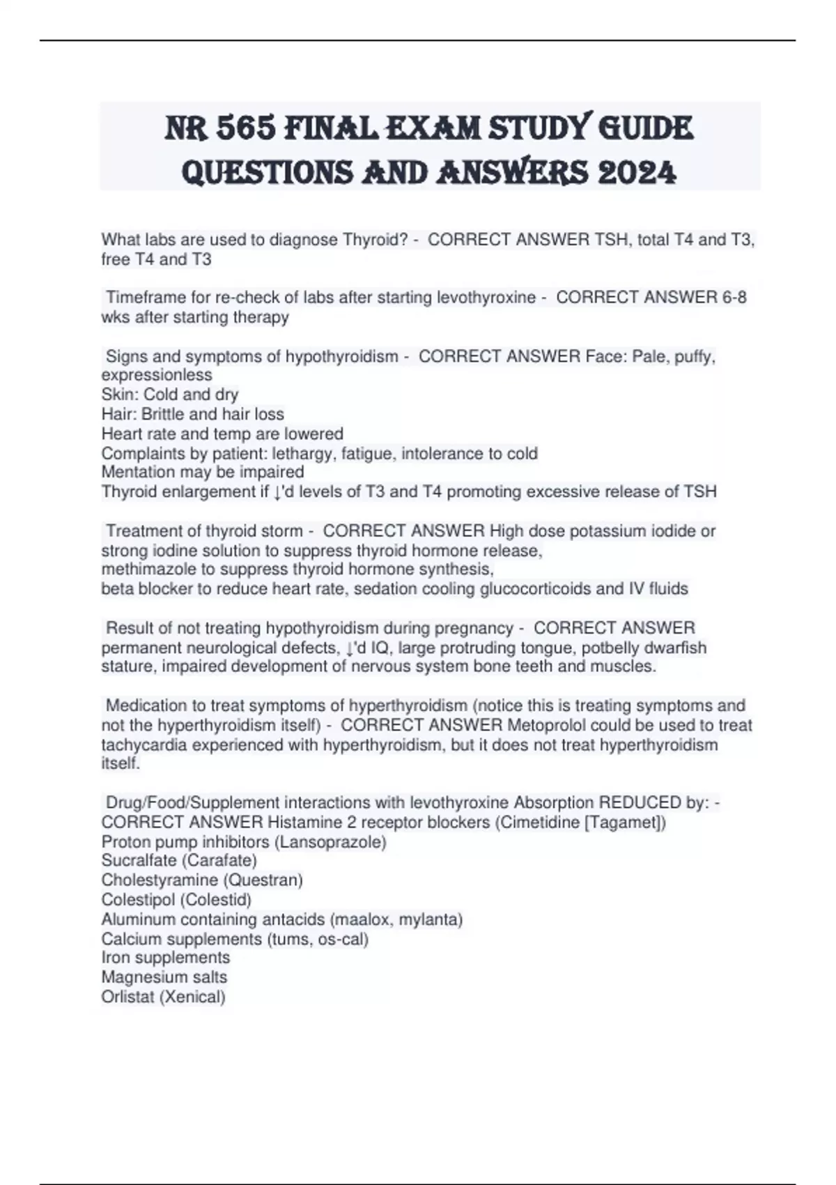 NR 565 Final Exam Study Guide Questions and answers 2024-25 - NR 565 - Stuvia US