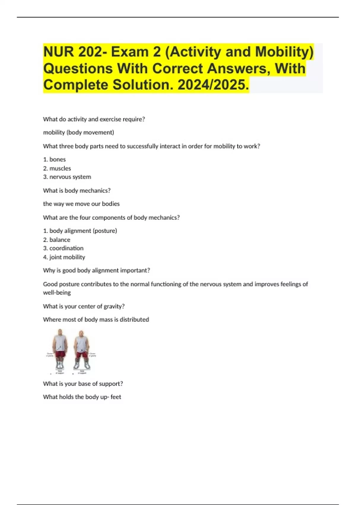 NUR 202- Exam 2 (Activity and Mobility) Questions With Correct Answers, With Complete Solution ...