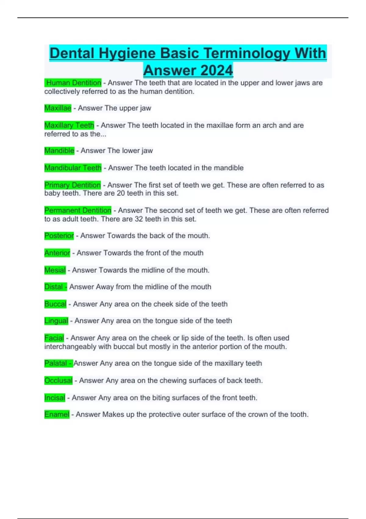 Dental Hygiene Basic Terminology With Answer 2024 - Dental Hygiene ...