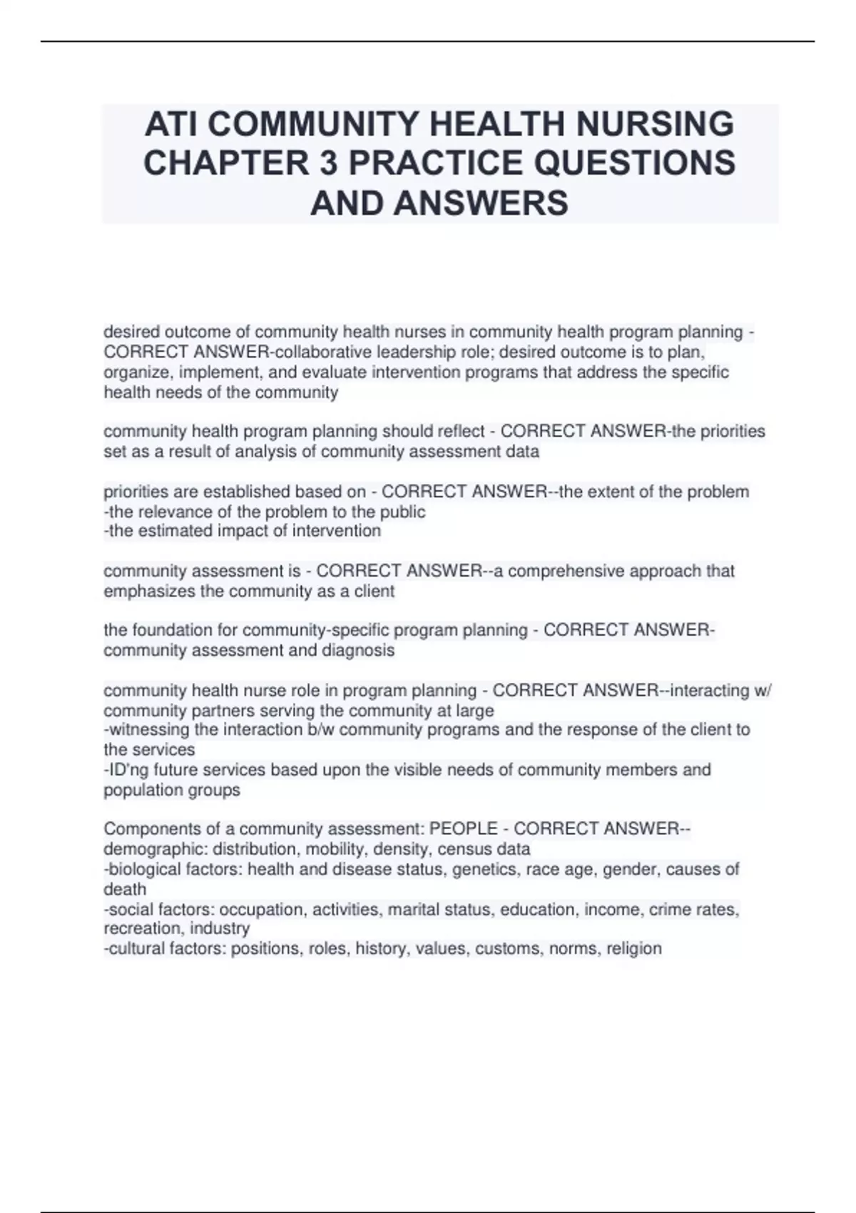 ATI COMMUNITY HEALTH NURSING CHAPTER 3 PRACTICE QUESTIONS AND ANSWERS ...