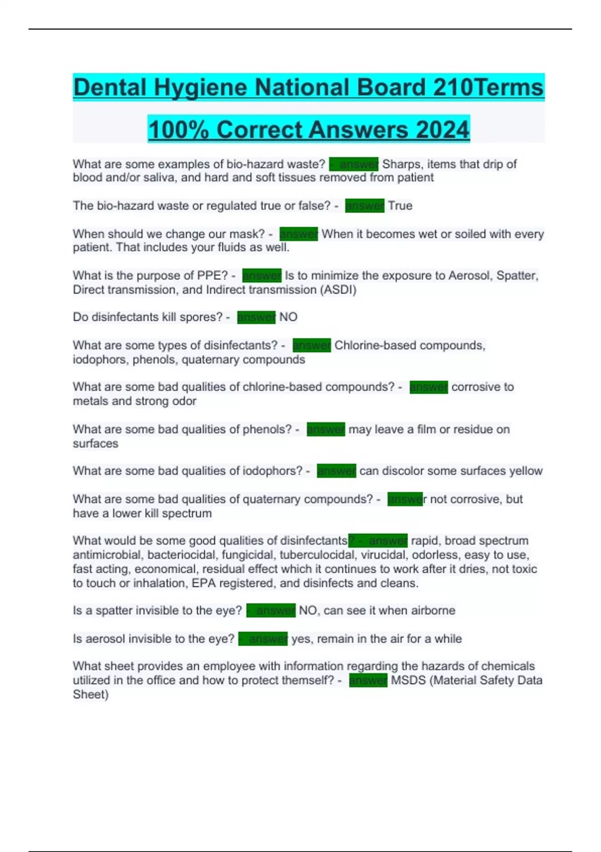 Dental Hygiene National Board 210Terms 100% Correct Answers 2024 ...