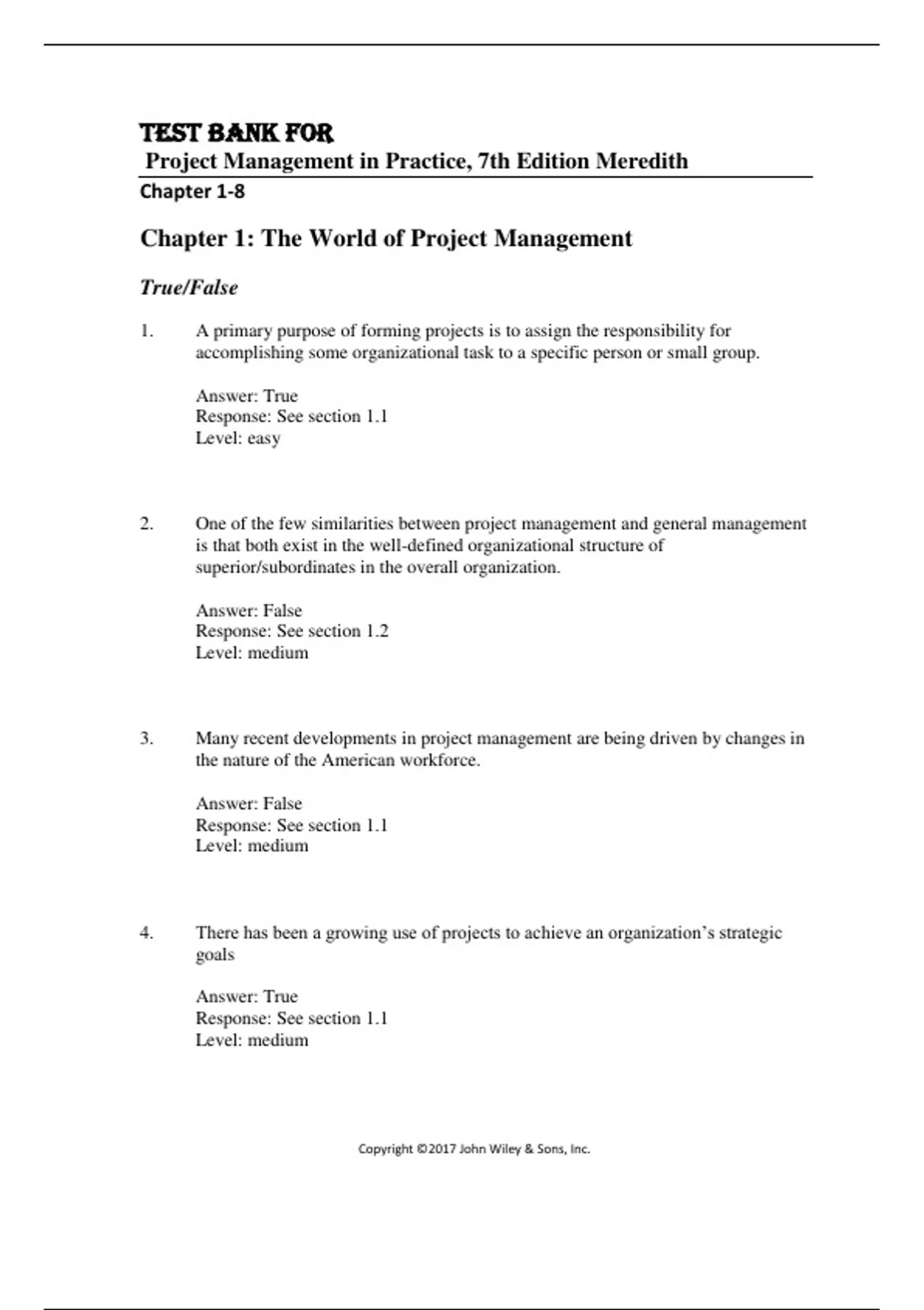 Test Bank For Project Management in Practice, 7th Edition Meredith ...