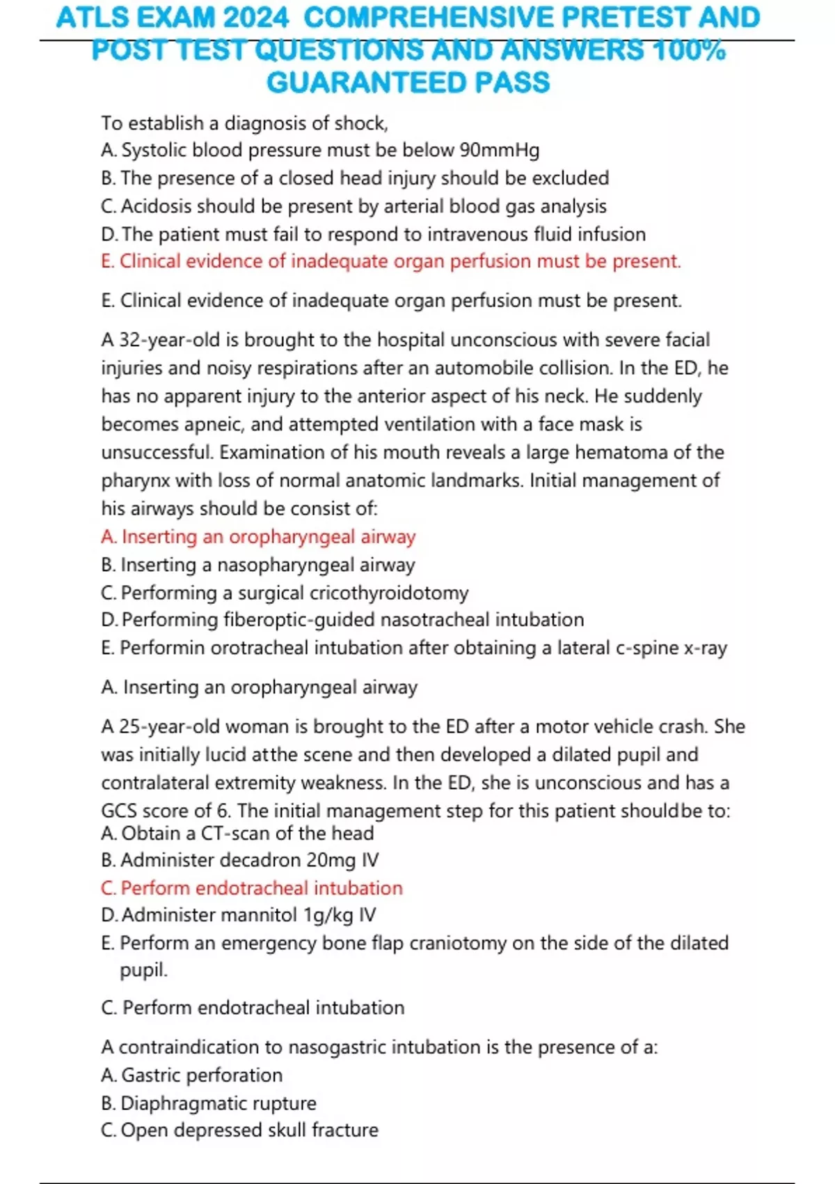 ATLS EXAM 2024 COMPREHENSIVE PRETEST AND POST TEST QUESTIONS AND ...