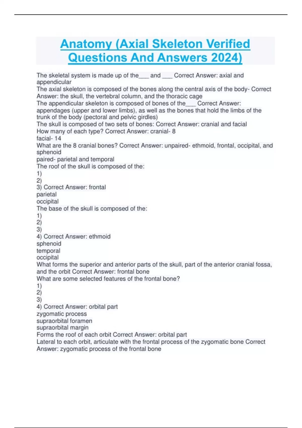 Anatomy (Axial Skeleton Verified Questions And Answers 2024) - Anatomy ...