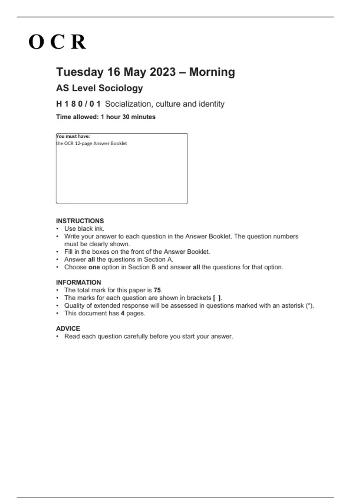 OCR AS Level Sociology Socialization, culture and identity QUESTION ...