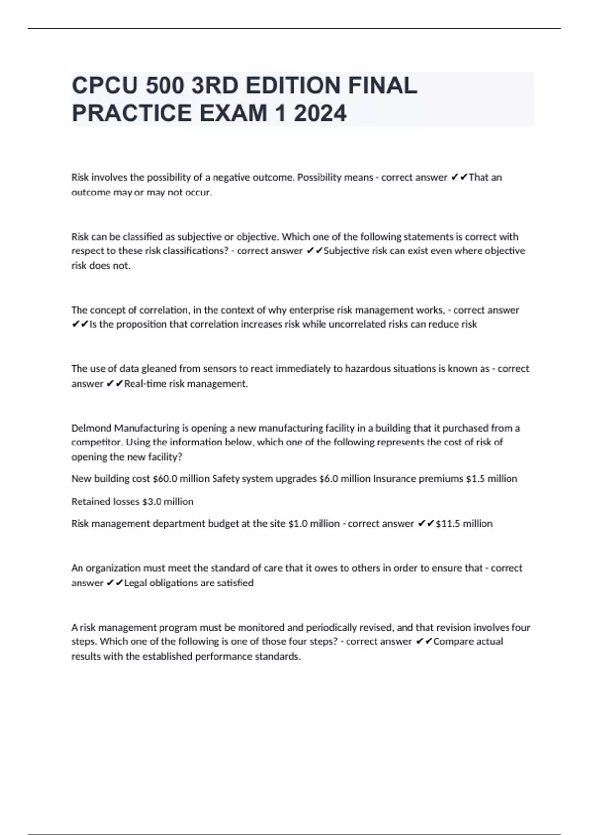 CPCU 500 3RD EDITION FINAL PRACTICE EXAM 1 2024 - CPCU 500 3RD EDITION - Stuvia US