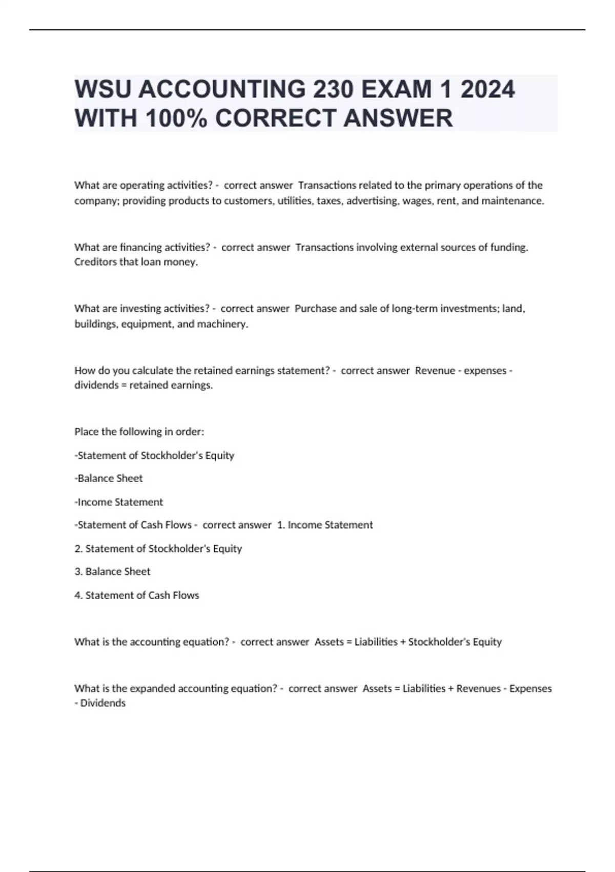 WSU ACCOUNTING 230 EXAM 1 2024 WITH 100% CORRECT ANSWER - WSU ...