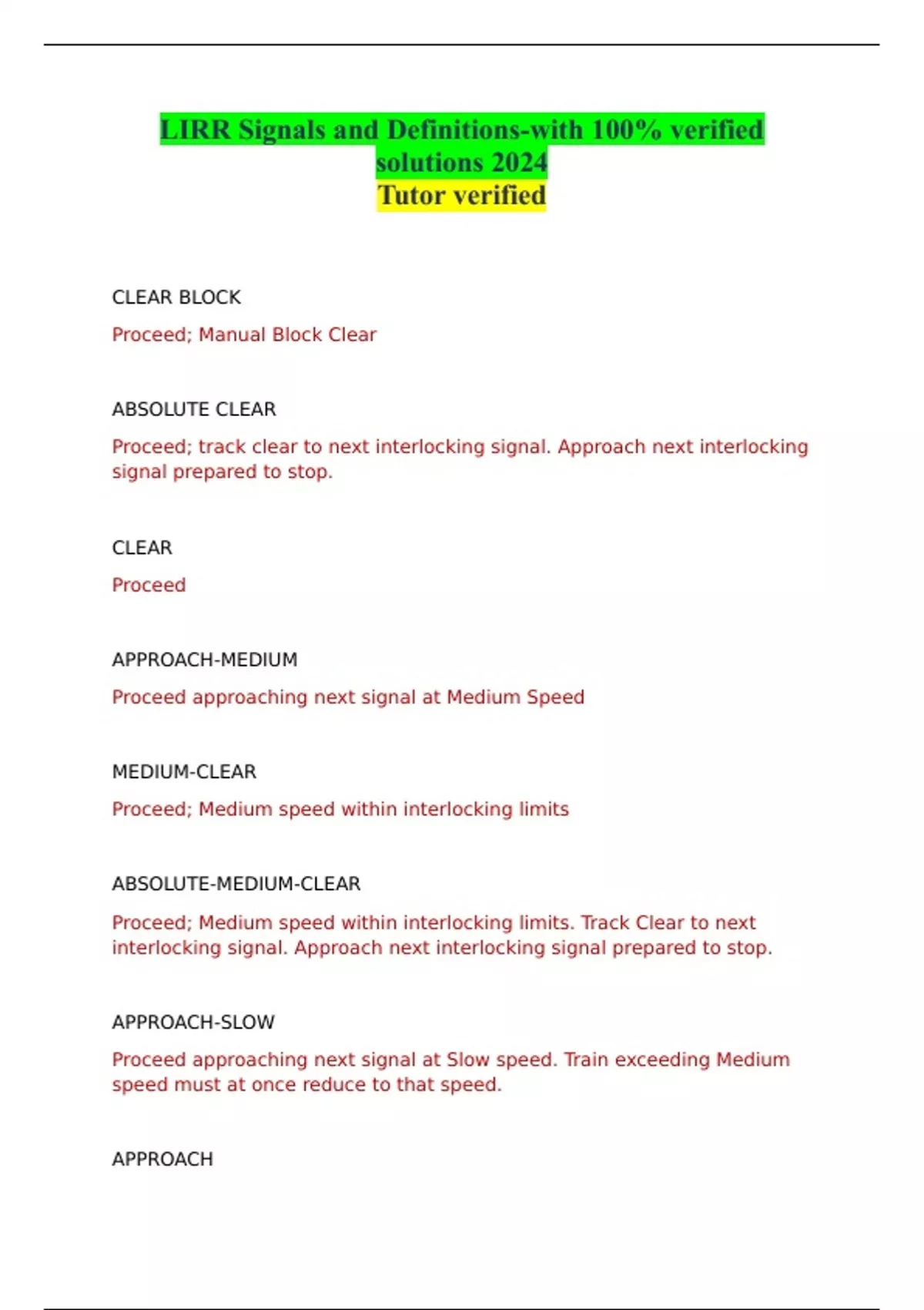 LIRR Signals and Definitions-with 100% verified solutions 2024 - LIRR ...