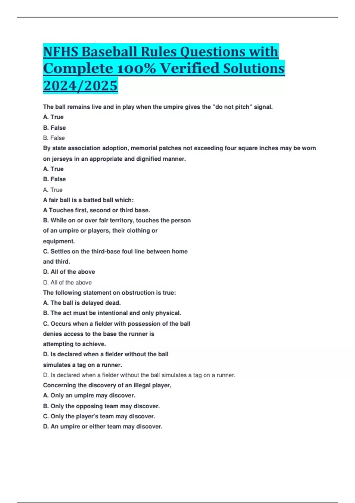 NFHS Baseball Rules Questions with Complete 100% Verified Solutions 2024/2025 - NFHS Baseball ...