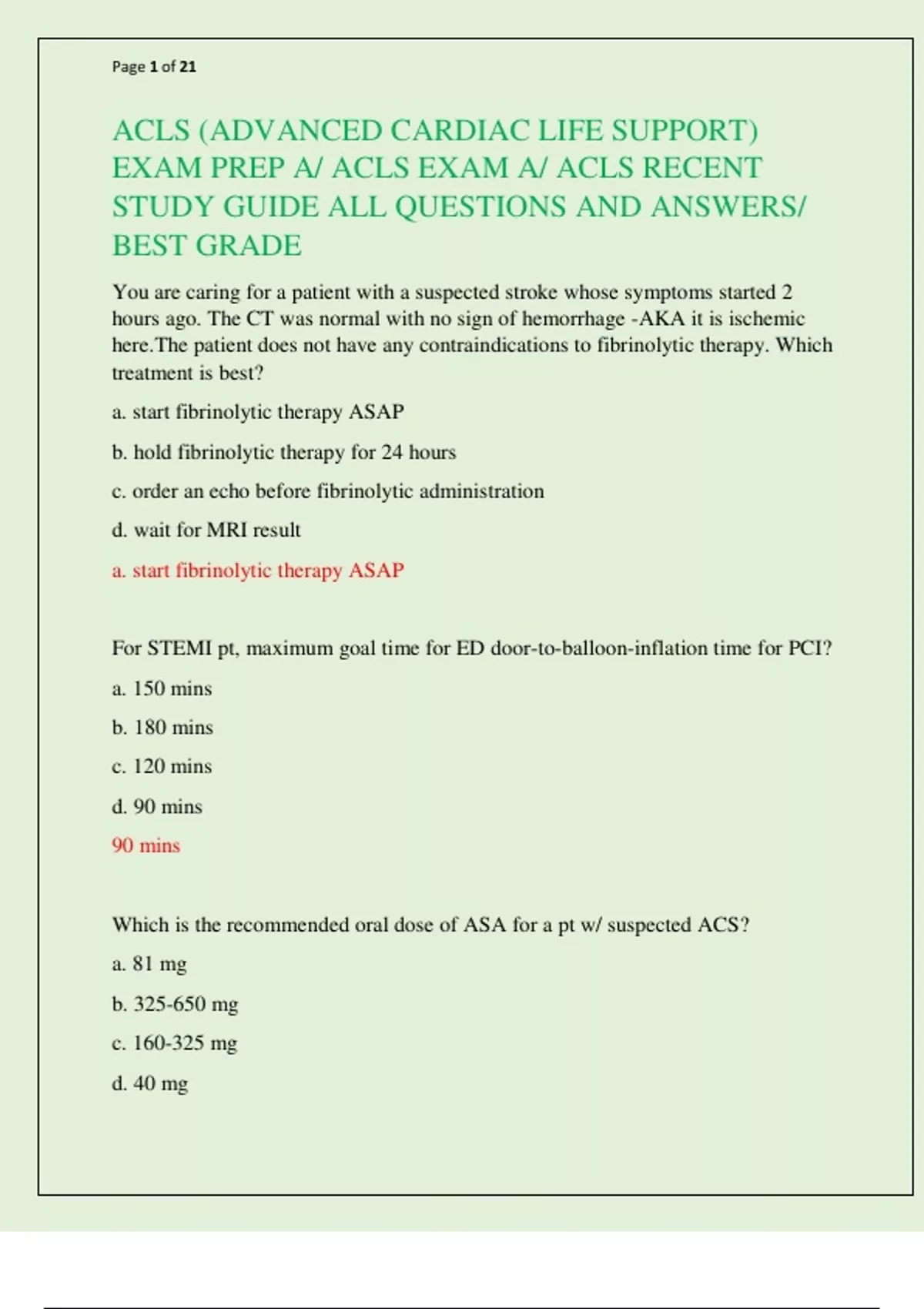 ACLS (ADVANCED CARDIAC LIFE SUPPORT) EXAM PREP A/ ACLS EXAM A/ ACLS ...