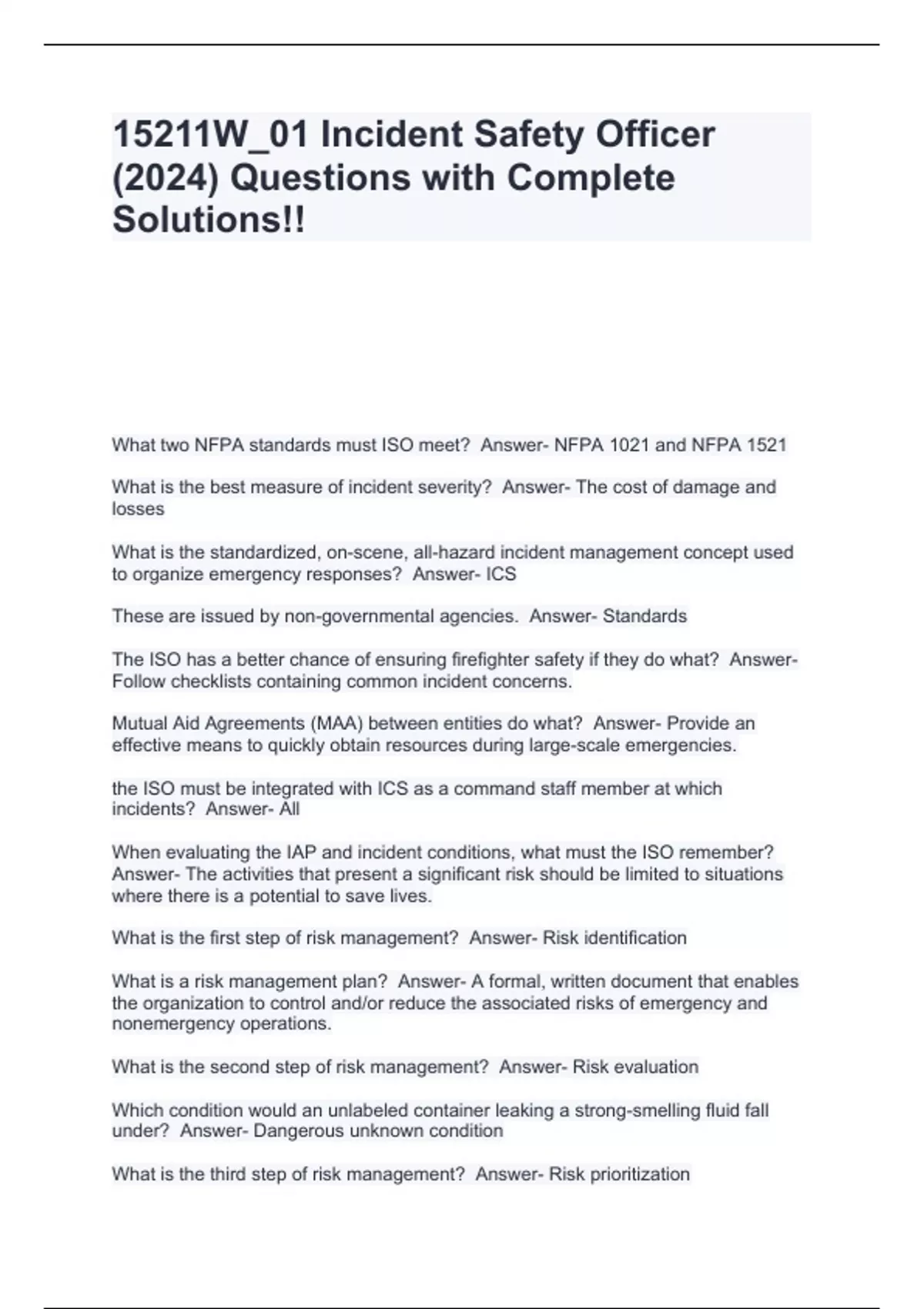15211W_01 Incident Safety Officer (2024) Questions with Complete ...