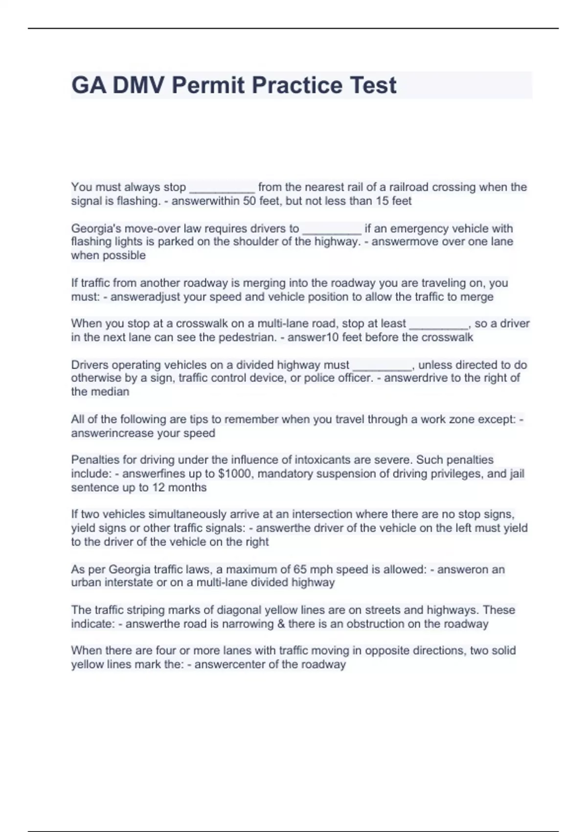 GA DMV Permit Practice Test Questions with correct Answers 2024 - Dmv ...