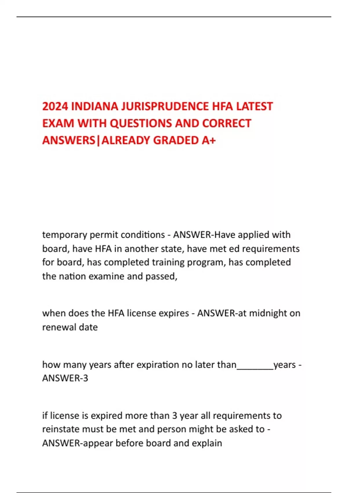 2024 INDIANA JURISPRUDENCE HFA LATEST EXAM WITH QUESTIONS AND CORRECT ...
