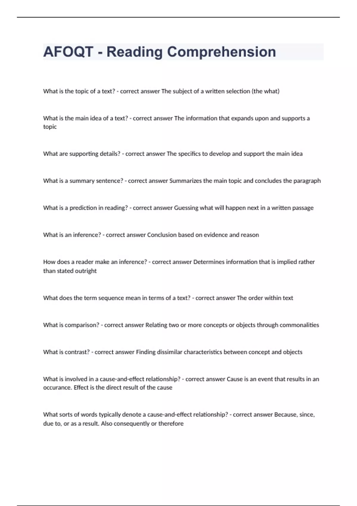 AFOQT - Reading Comprehension Review Test 2024. - AFOQT. - Stuvia US