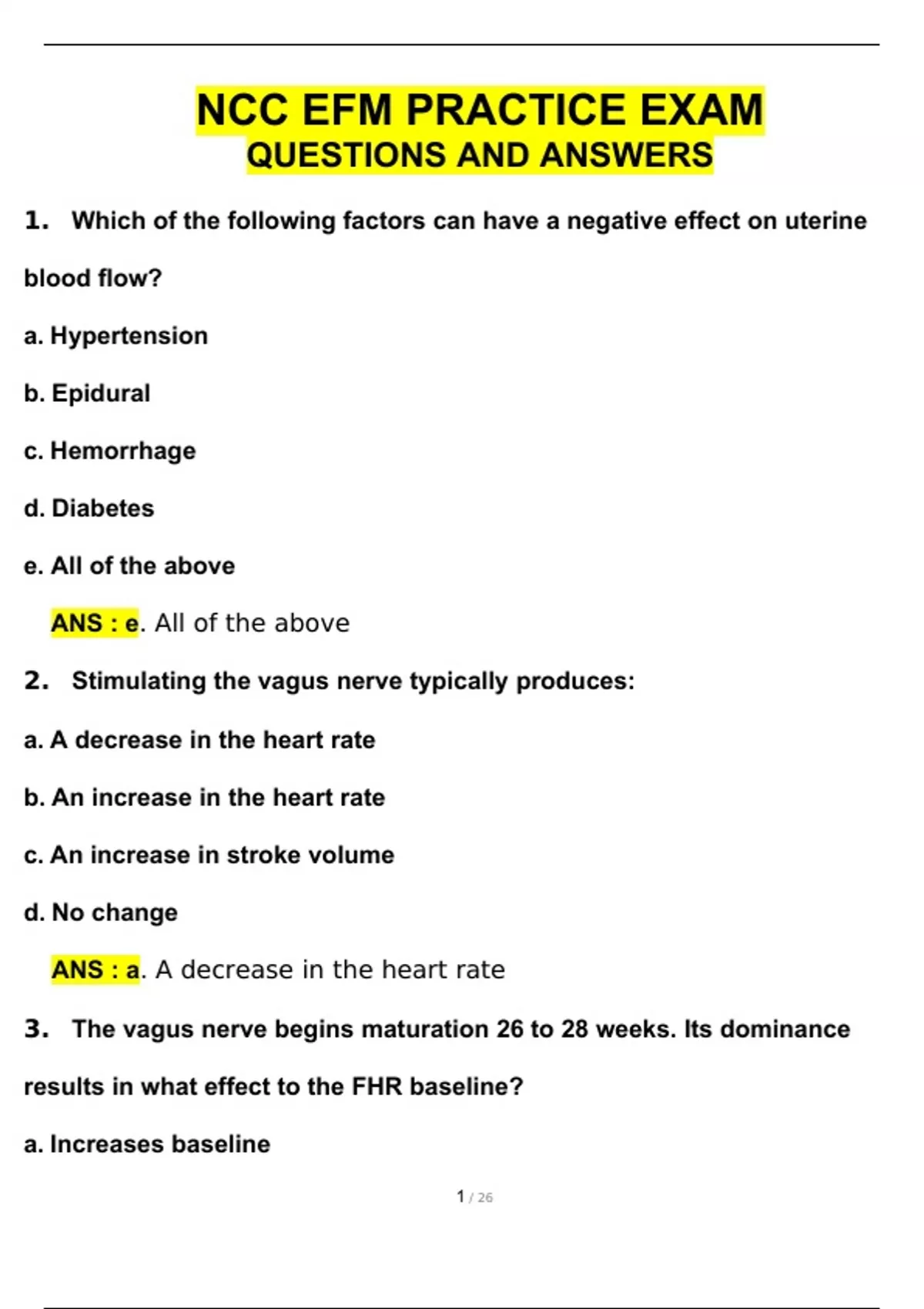 NCC Electronic Fetal Monitoring practice Exam 2024 Updated Questions & Answers | with 100% ...