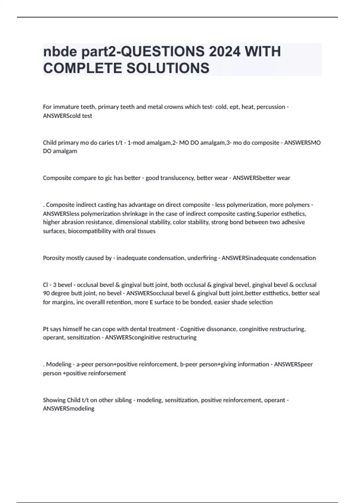 nbde part2-QUESTIONS 2024 WITH COMPLETE SOLUTIONS - Nbde part2- - Stuvia US